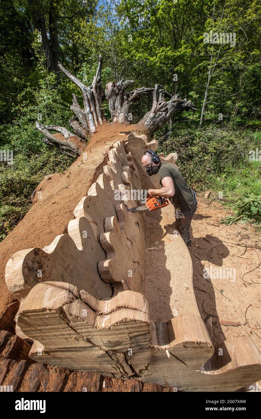 Matt Crabb, national chainsaw carving champion sculpting a bench out of ...