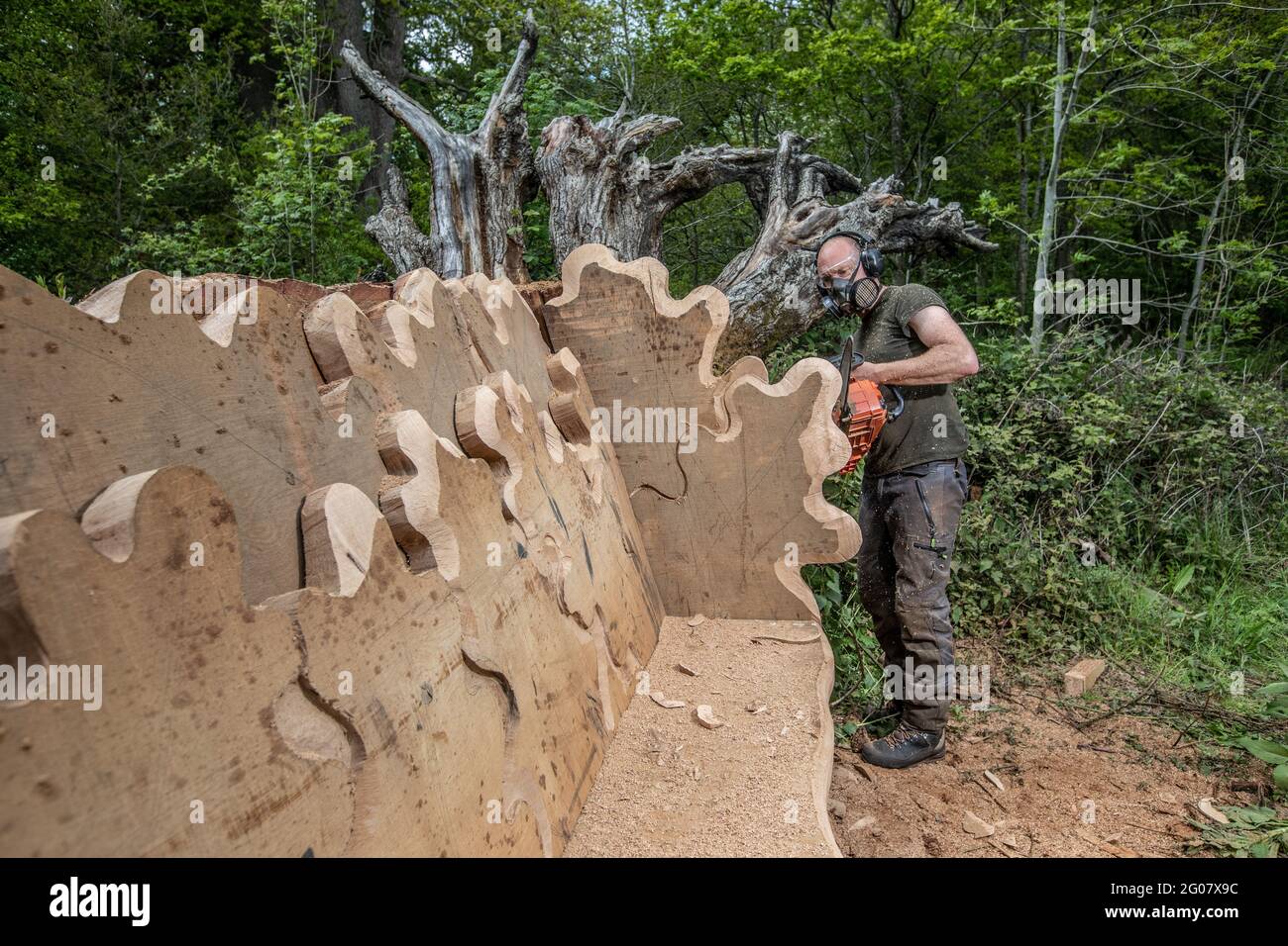 Matt Crabb, national chainsaw carving champion sculpting a bench out of ...