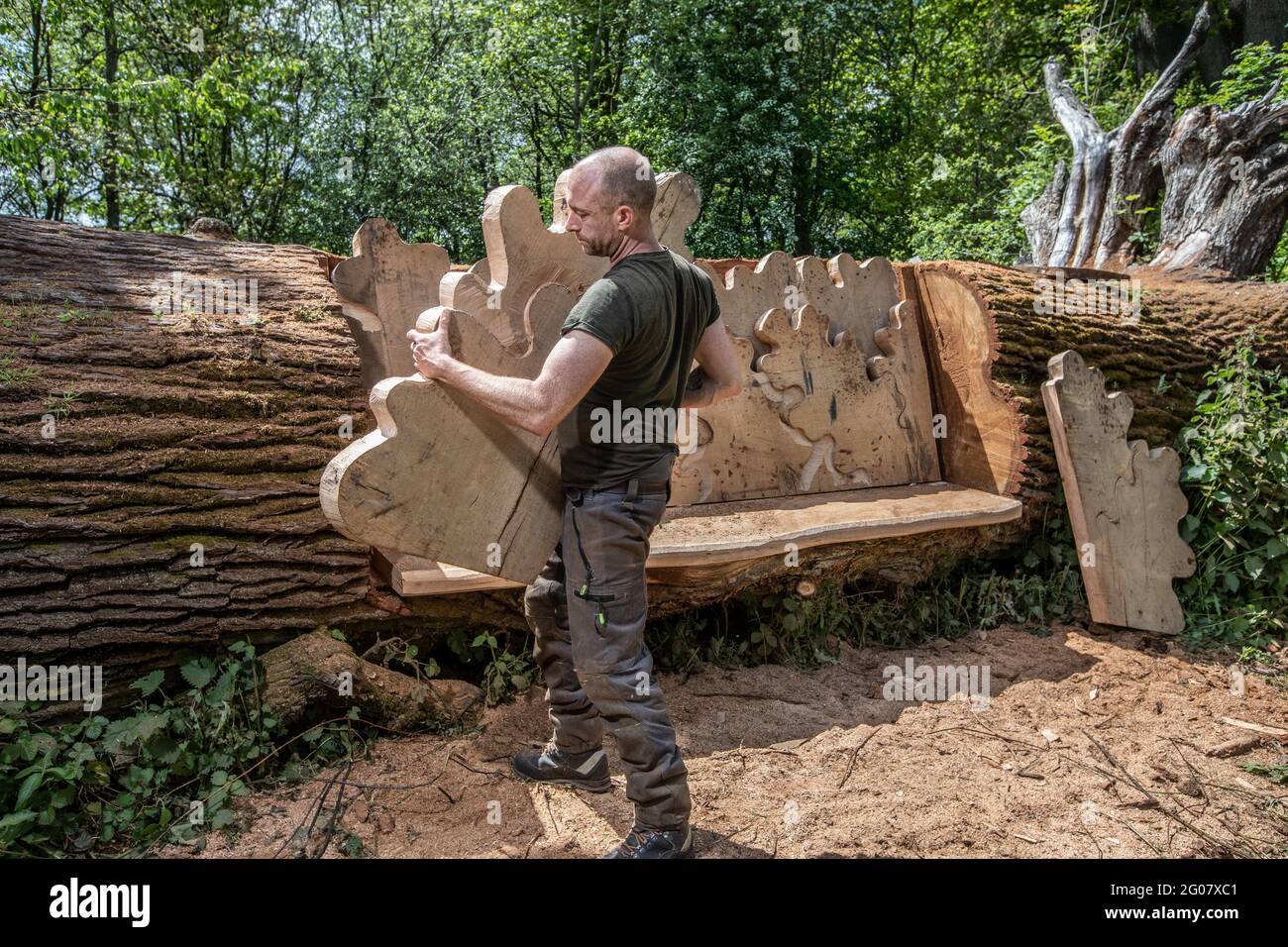 Matt Crabb, national chainsaw carving champion sculpting a bench out of ...