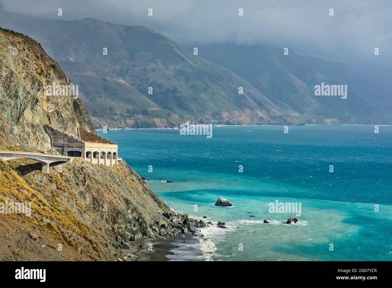 The coast of Big Sur with a tunnel on Pacific Coast Highway 1 ...