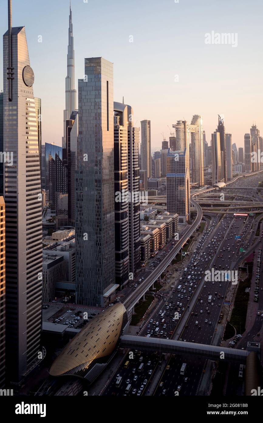 Amazing skyline of modern towers of Dubai city seen from high viewpoint ...