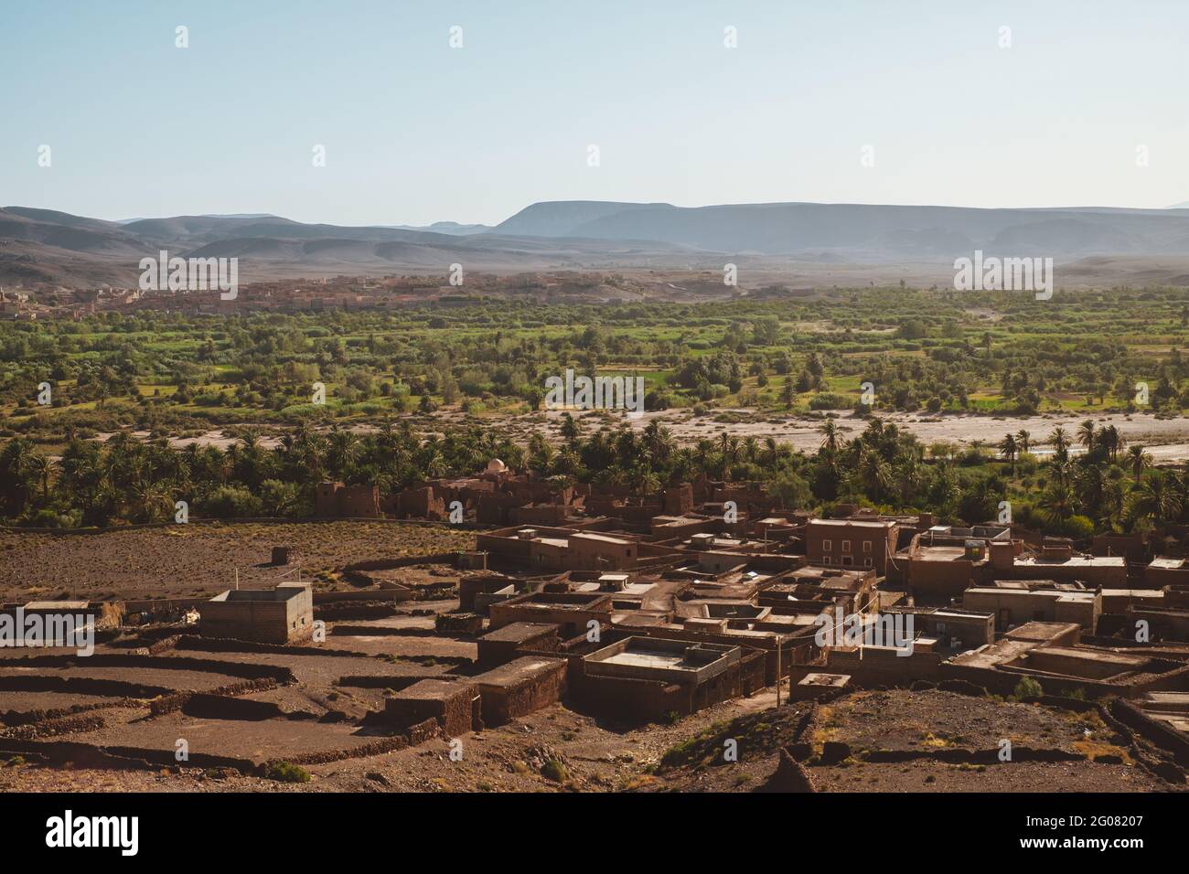 Traditional houses of old Arabic city near green trees on sunny day in ...