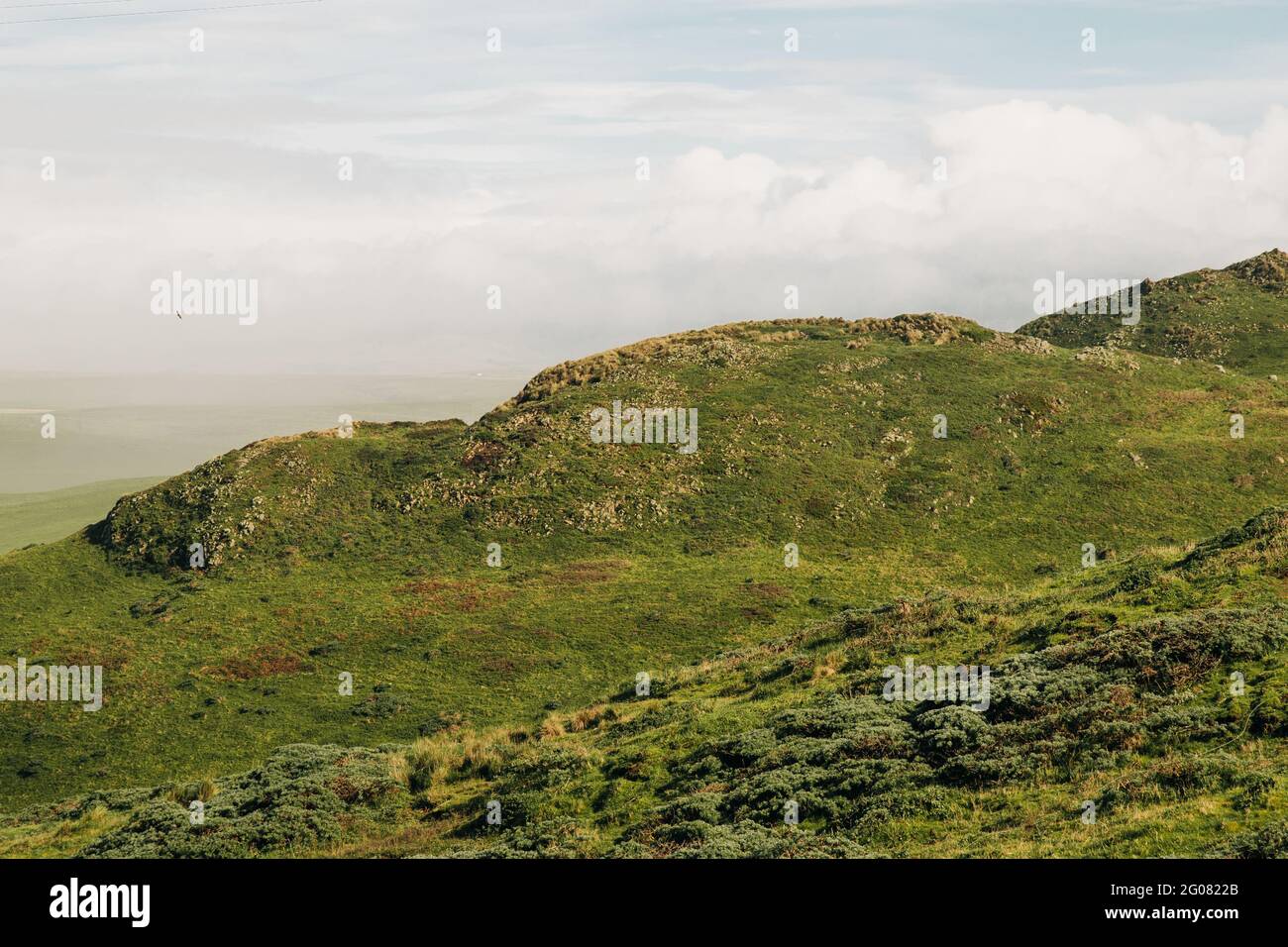 Lush grassland of remote rocky cliff with cloudy sky on background in ...