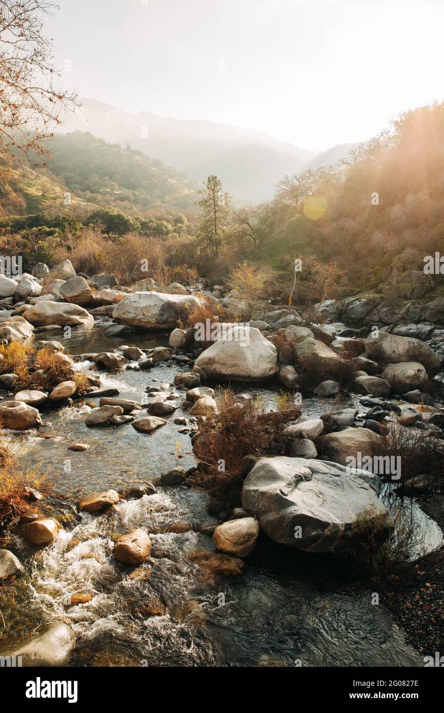 High angle of picturesque scenery of fast creek flowing among boulders ...