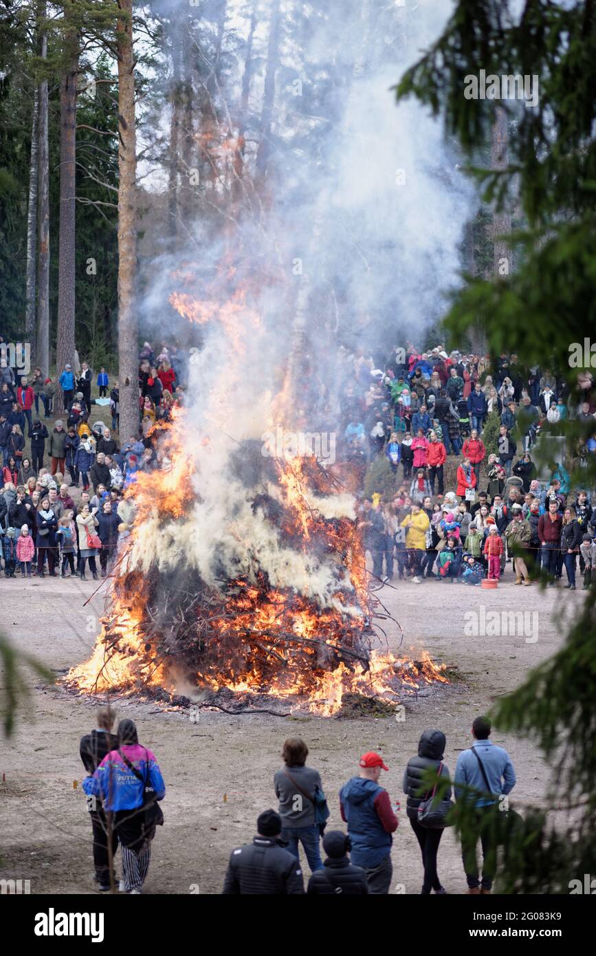 People around Easter bonfire on Seurasaari island in Helsinki, Finland ...