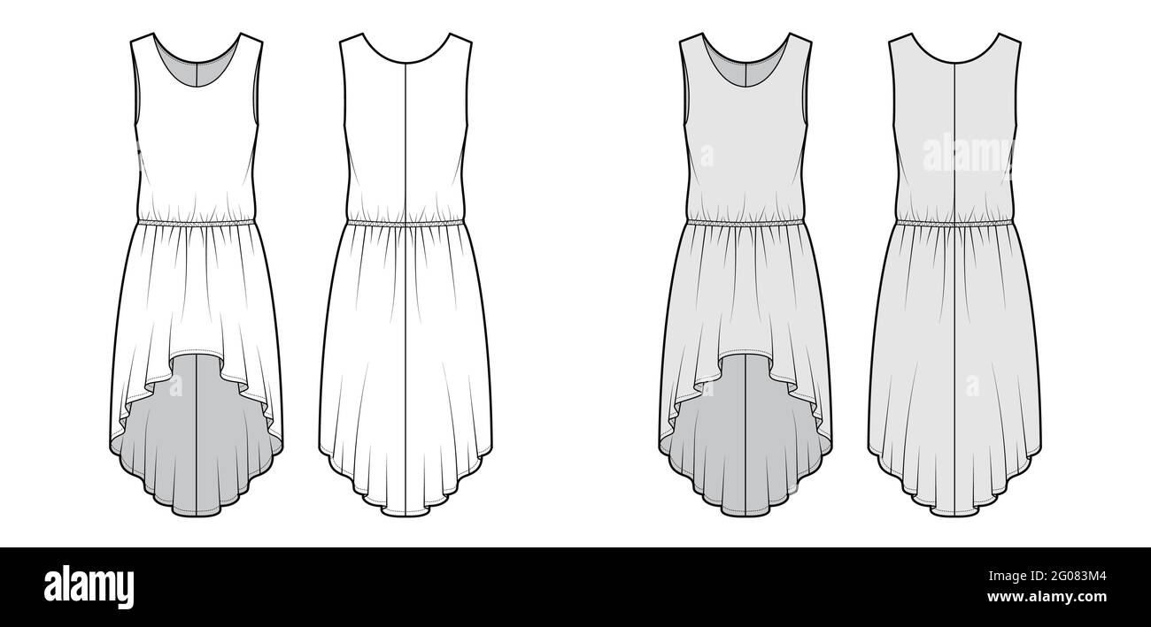 Dress high-low technical fashion illustration with sleeveless ...