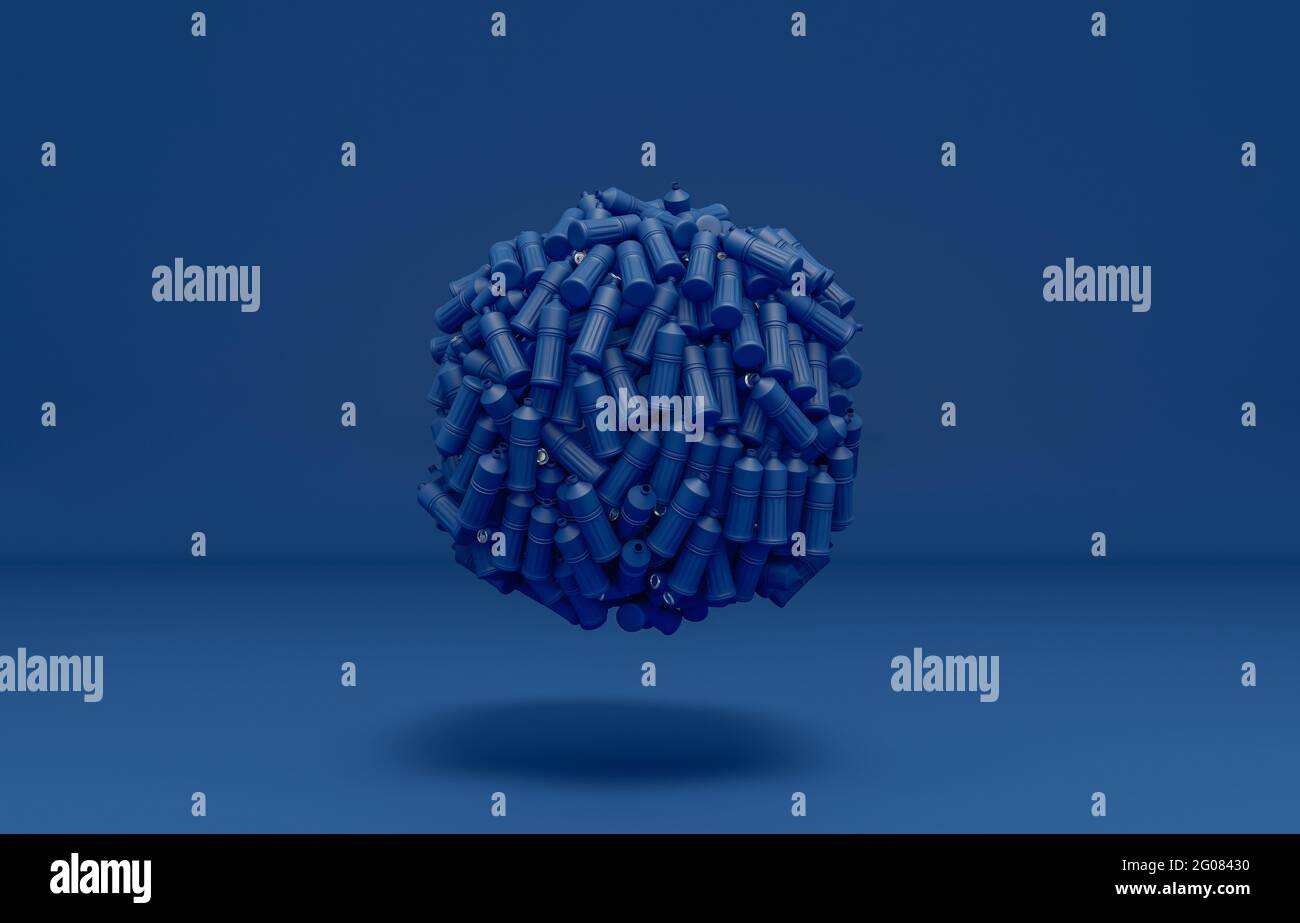 Ball of plastic bottles and blue cans on blue background. Waste and ...