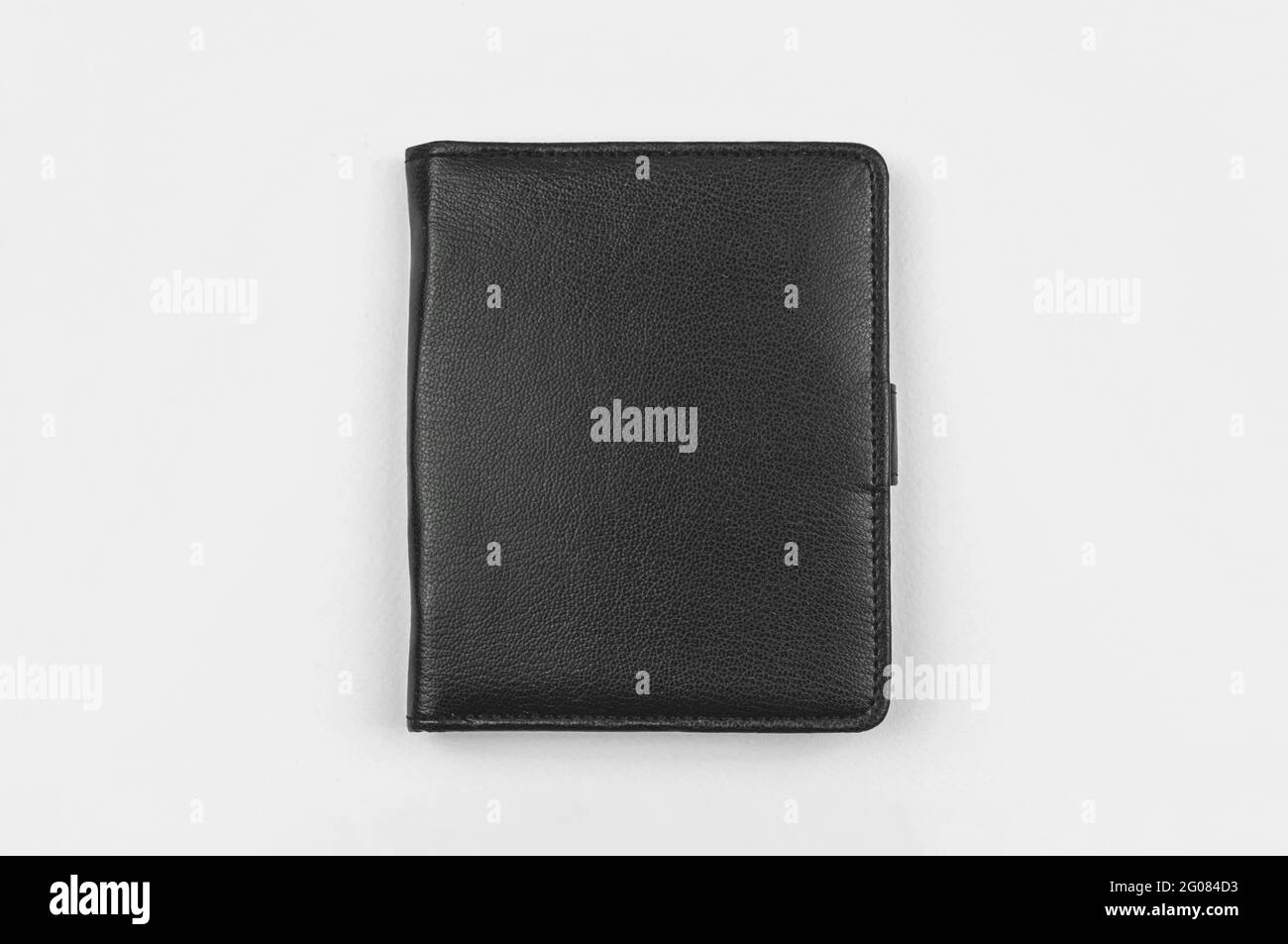 Black leather notepad on grey office table mockup with place for your ...