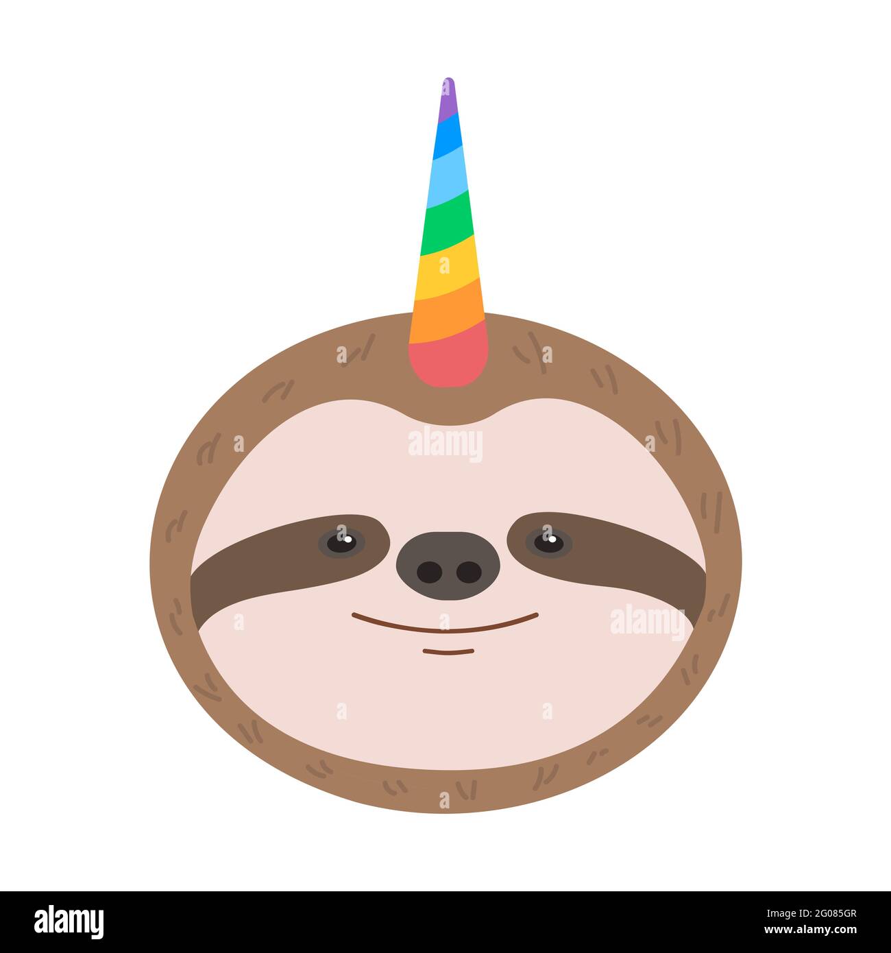 Funny sloth head with unicorn rainbow horn isolated on white background ...