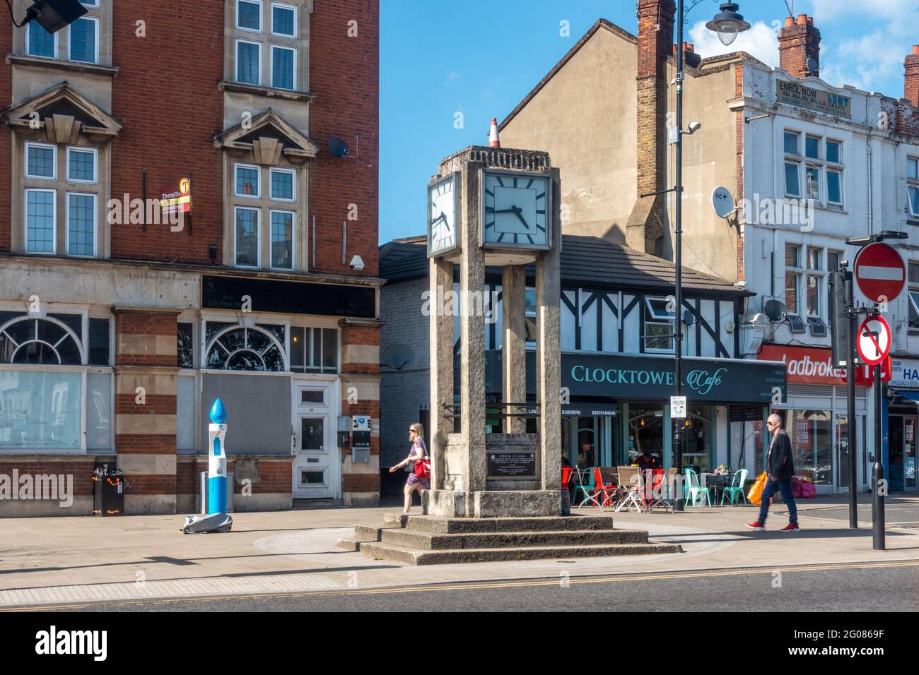 The clock tower on Hanwell Broadway in the centre of Hanwell town in ...