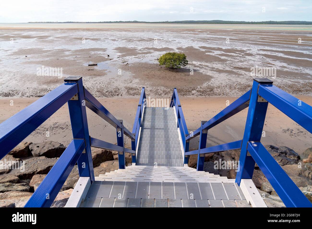 Steel steps down to a sandy beach at low tide featuring a lone mangrove ...