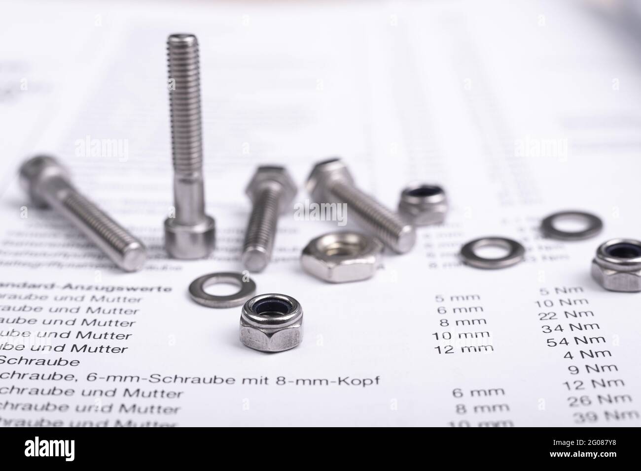 Closeup shot of various steel nuts and bolts on a paper describing ...
