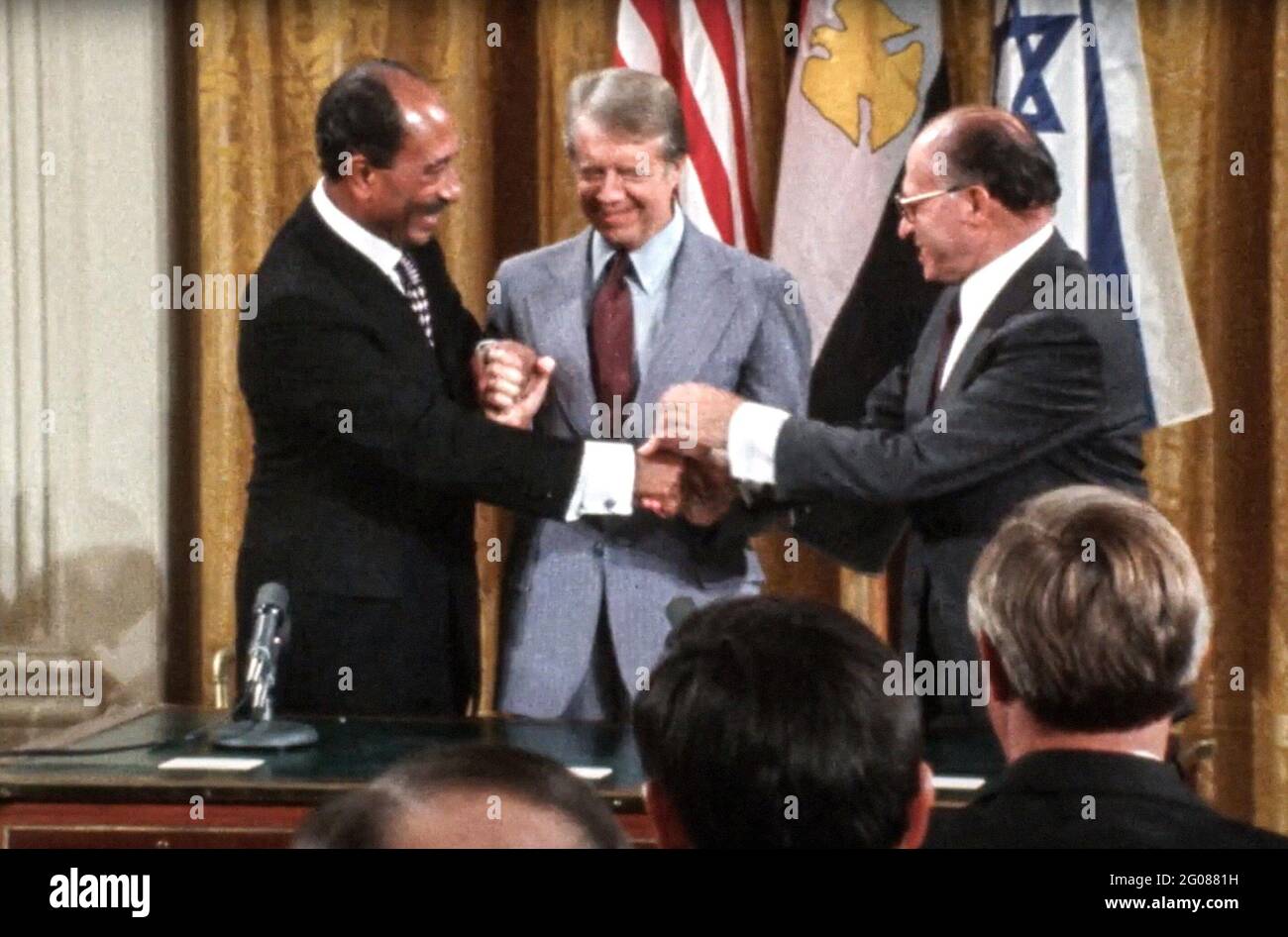 UPHEAVAL: THE JOURNEY OF MENACHEM BEGIN, from left: Anwar Sadat, Jimmy ...
