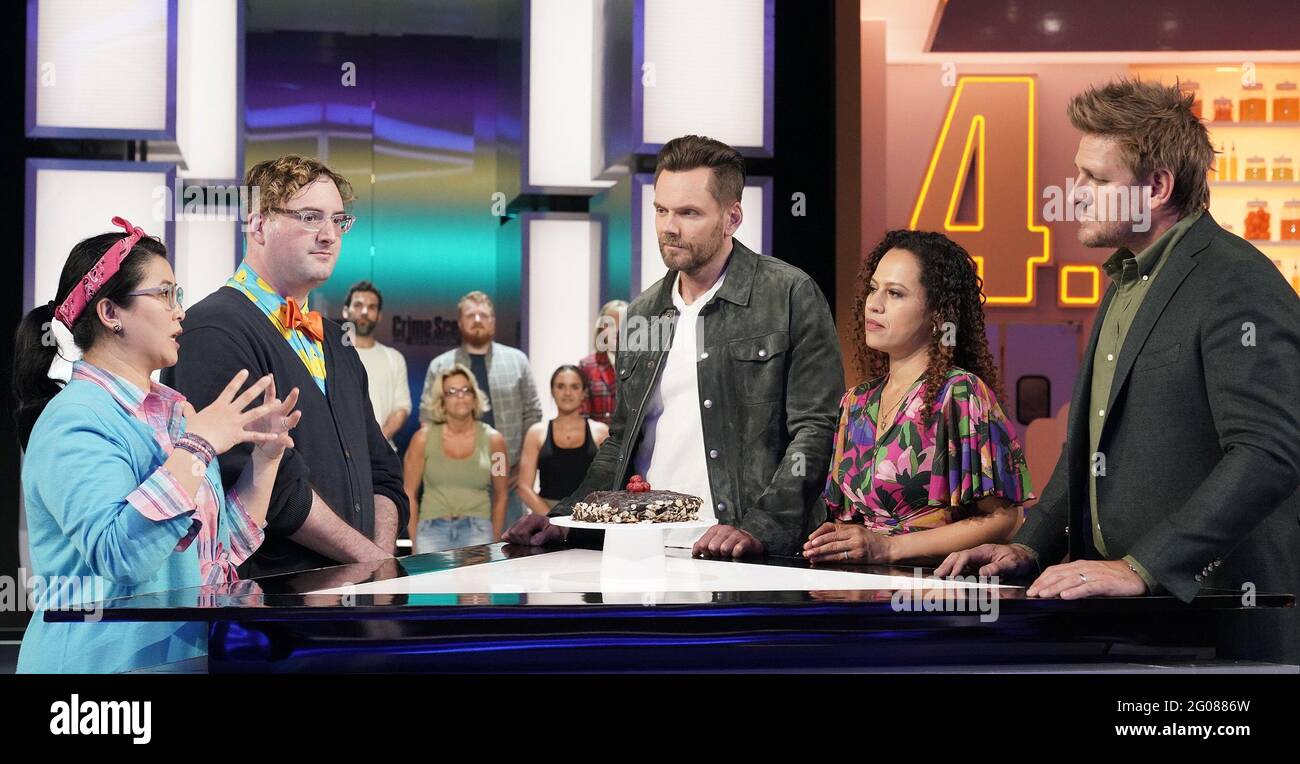 CRIME SCENE KITCHEN, from left: contestants Thuy-Linh and Jay, host Joe ...