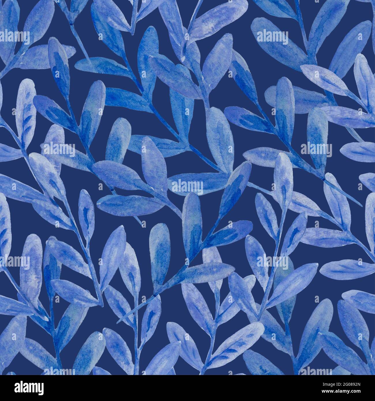 Watercolor seamless pattern with blue abstract leaves for design and ...