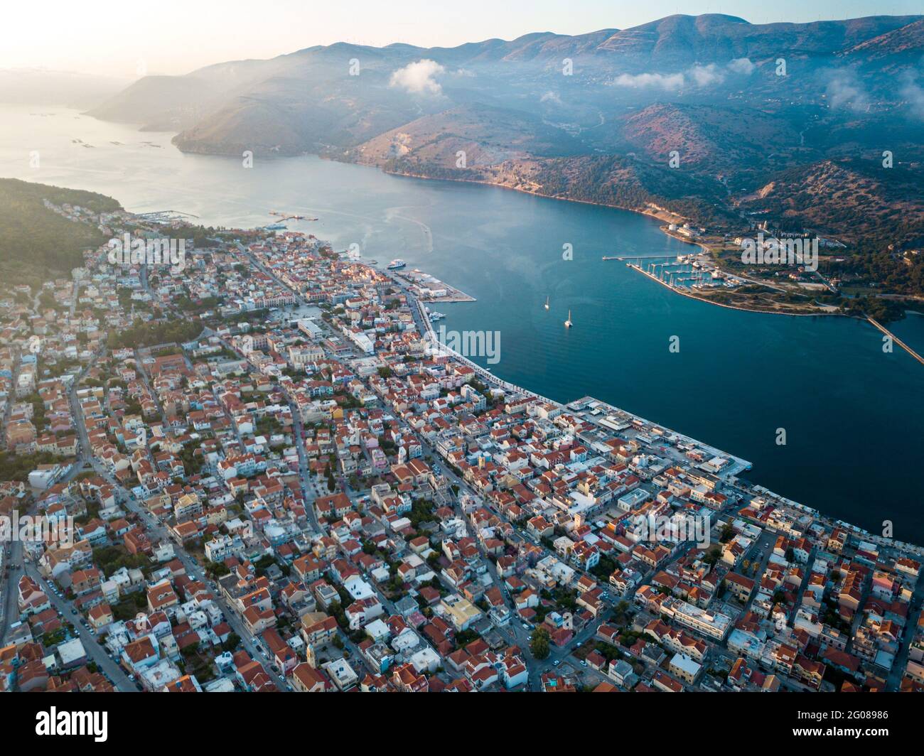 Drone's view of beautiful coastal city Argostoli, the capital of ...