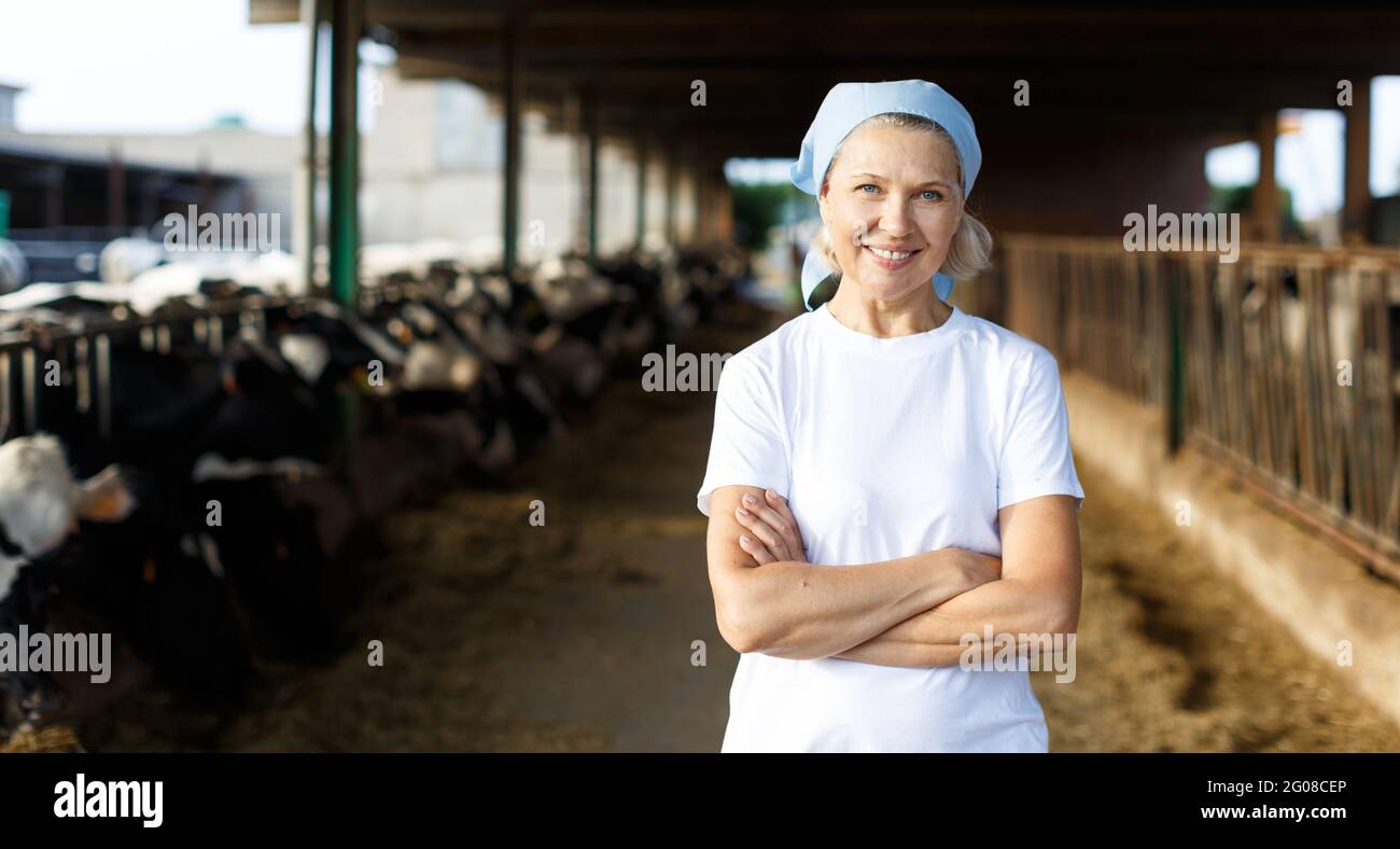 Smiling mature female farmer standing near cows at the cow farm Stock ...
