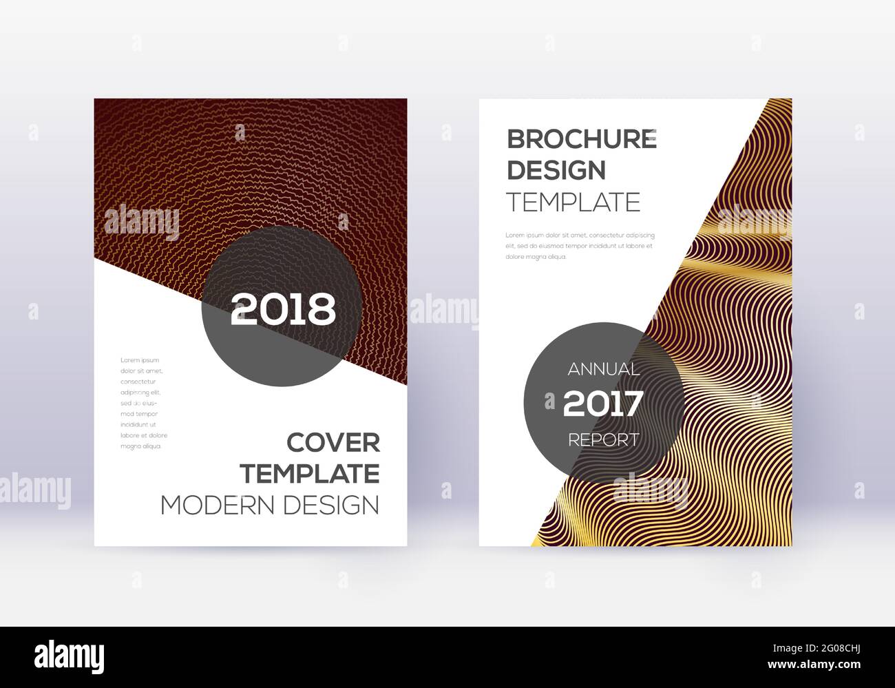 Modern cover design template set. Gold abstract lines on maroon ...