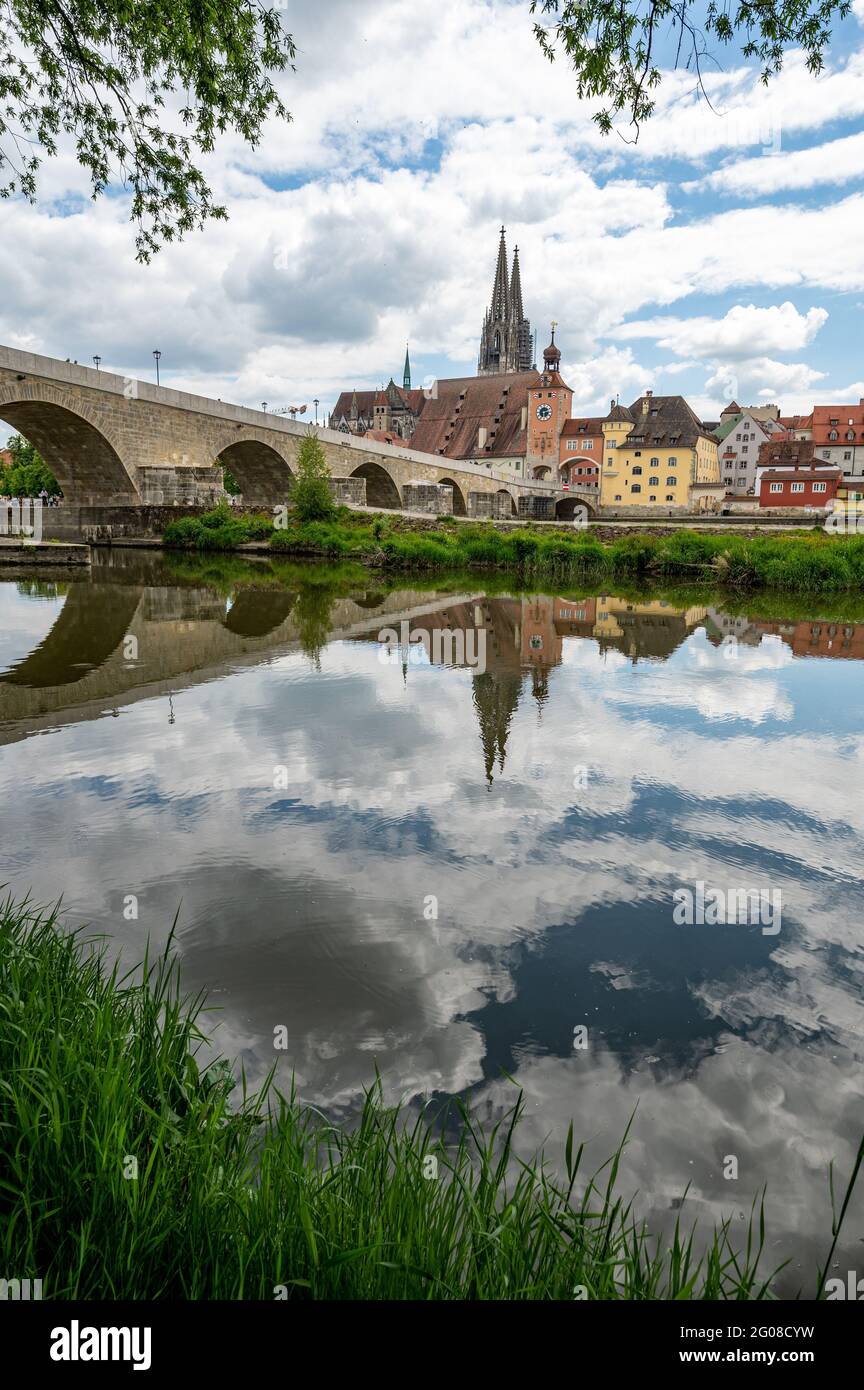 Regensburg, Germany. 31st May, 2021. The Stone Bridge leads across the ...