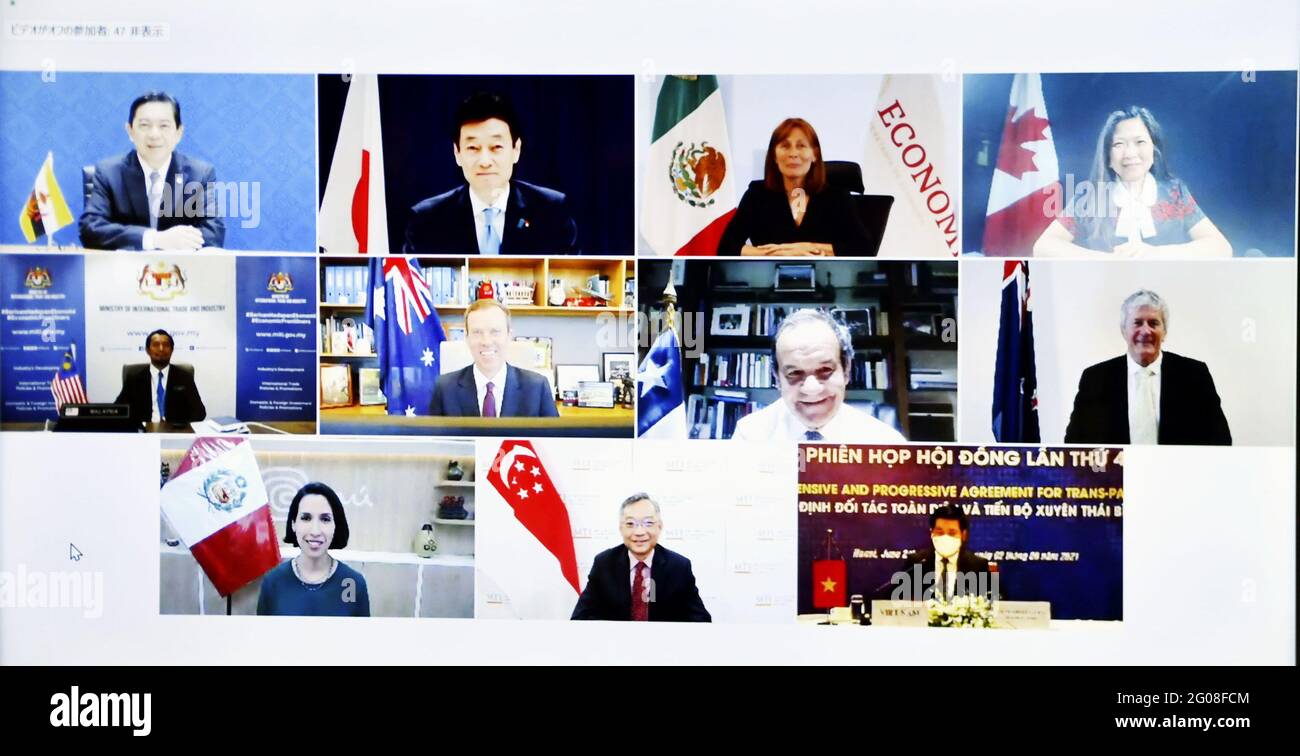 Screenshot image shows ministers from the 11-member Trans-Pacific ...