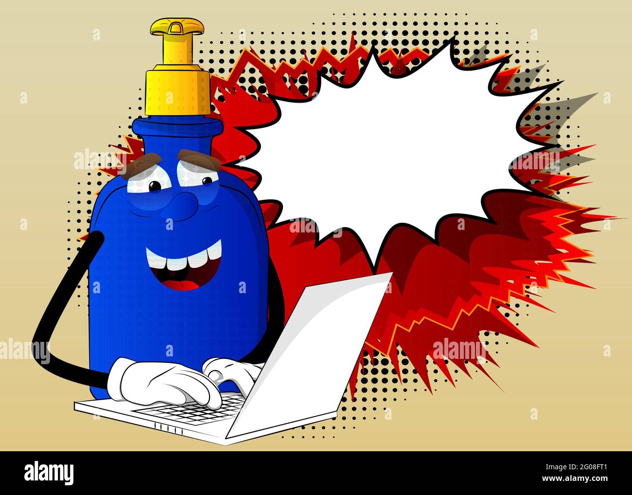 Cartoon bottle of hand sanitizer gel for hygiene with face working with ...