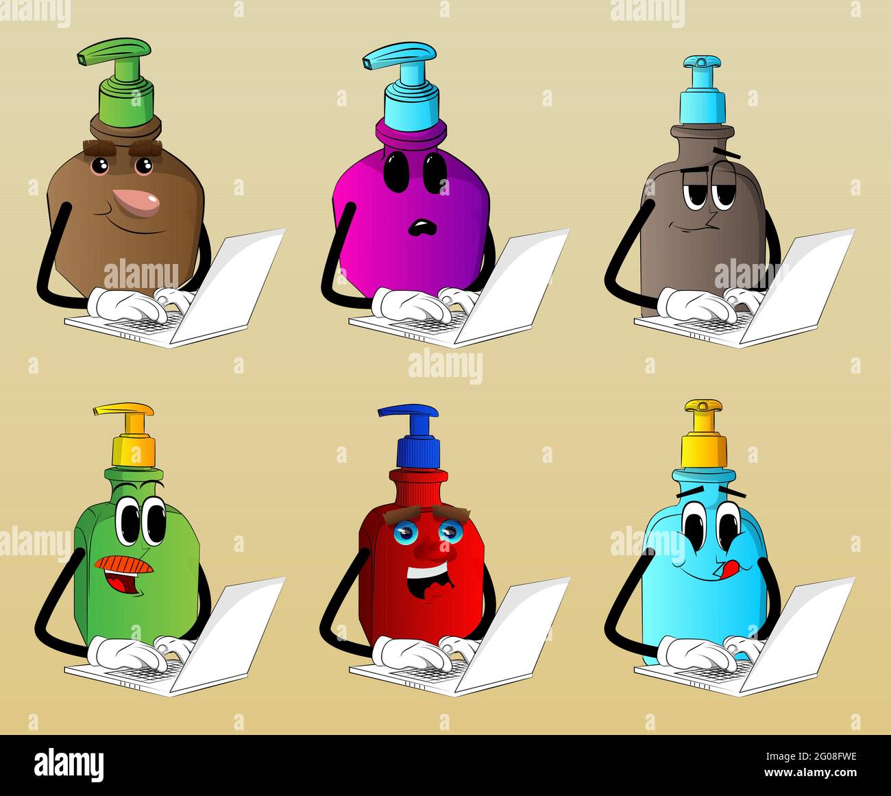 Cartoon bottle of hand sanitizer gel for hygiene with face working with ...