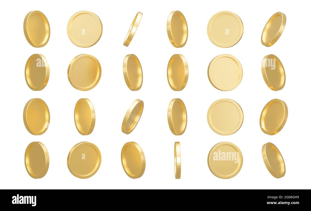 3D Render. Set of gold coins isolated on background in different ...