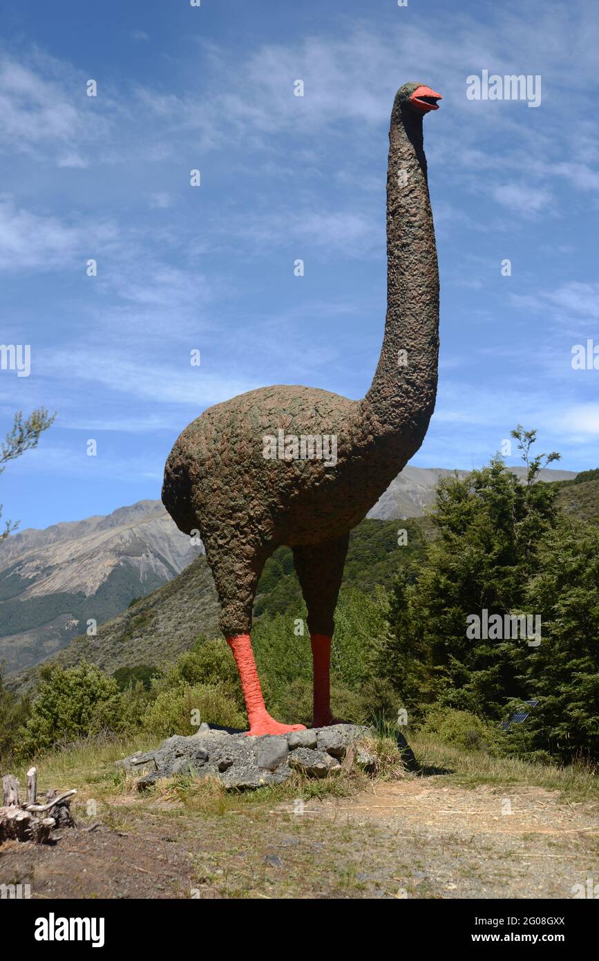 The iconic moa statue at Bealey, New Zealand, welcomes visitors to the ... The iconic moa statue at Bealey, New Zealand, welcomes visitors to the ...
