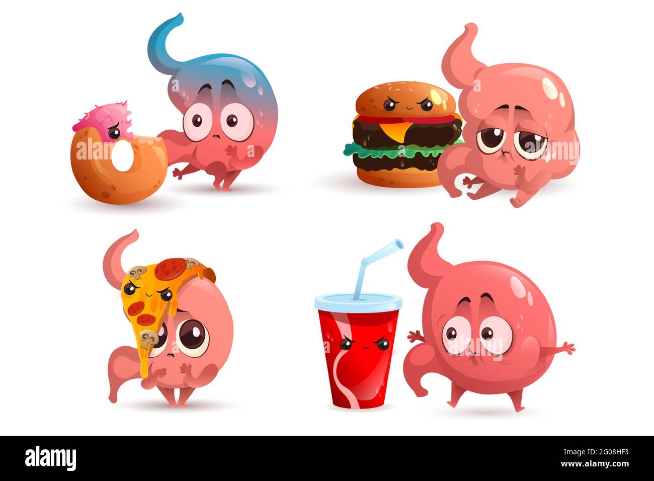 Sad stomach character with fast food. Human gastric bloating ...