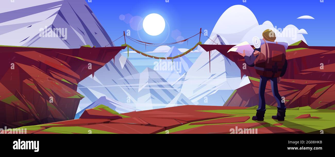 Mountain landscape with hiker man and suspension bridge over precipice ...