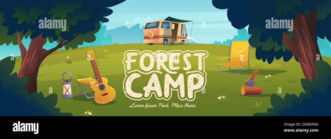 Forest camp poster with van, chair and guitar. Concept of travel ...