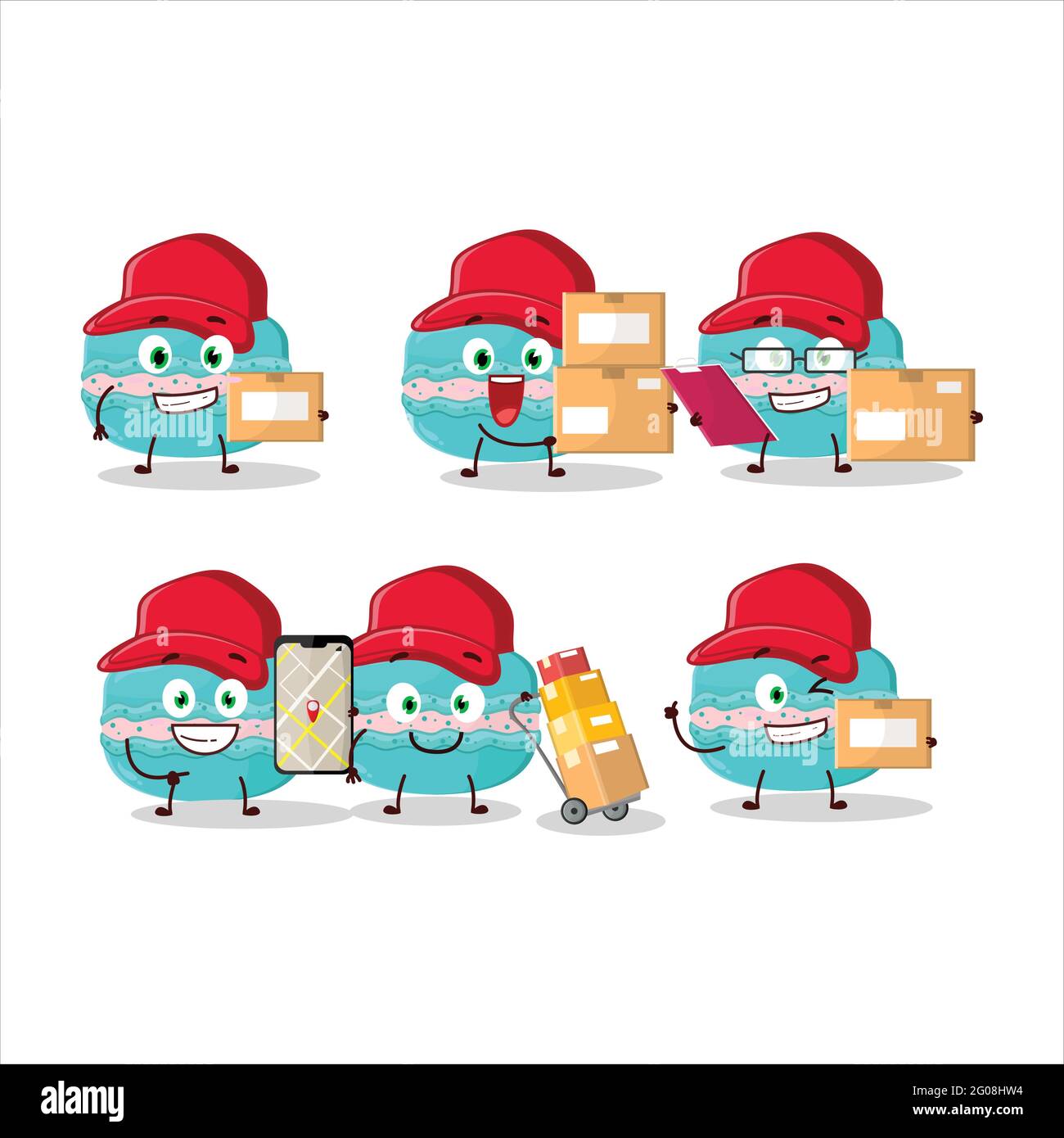 Cartoon character design of blueberry macaron working as a courier ...