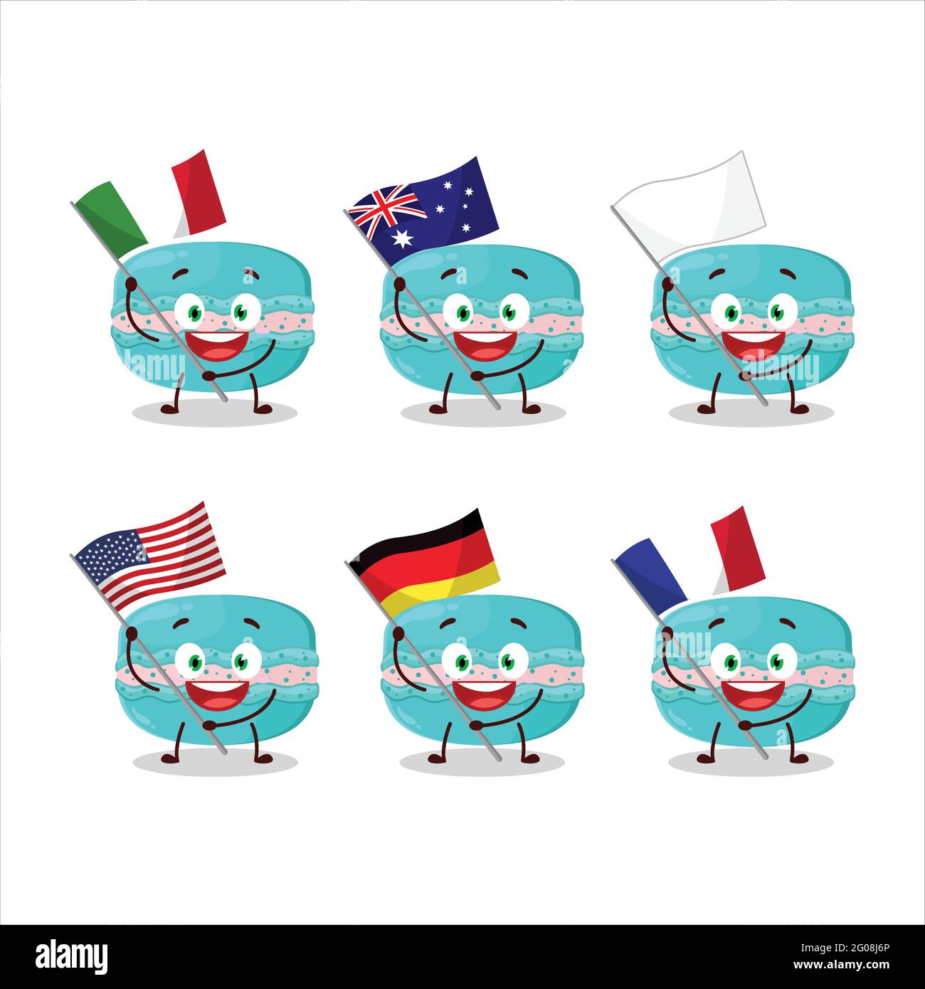 Blueberry macaron cartoon character bring the flags of various ...