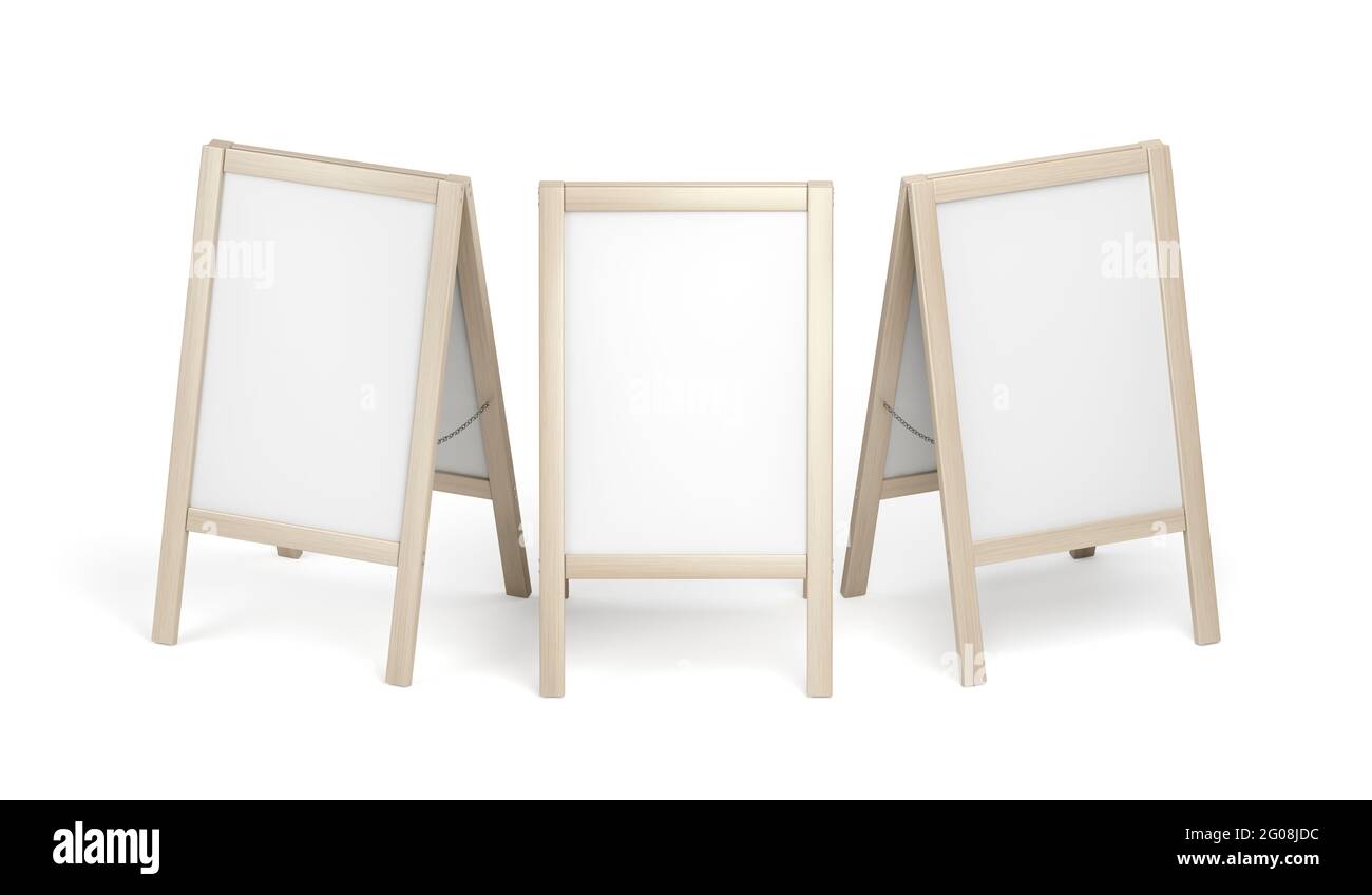 Three blank advertising stands with wooden frames on white background ...