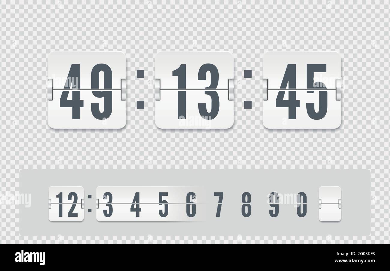 White scoreboard number font with shadows isolated on transparent background. Vector coming soon ...