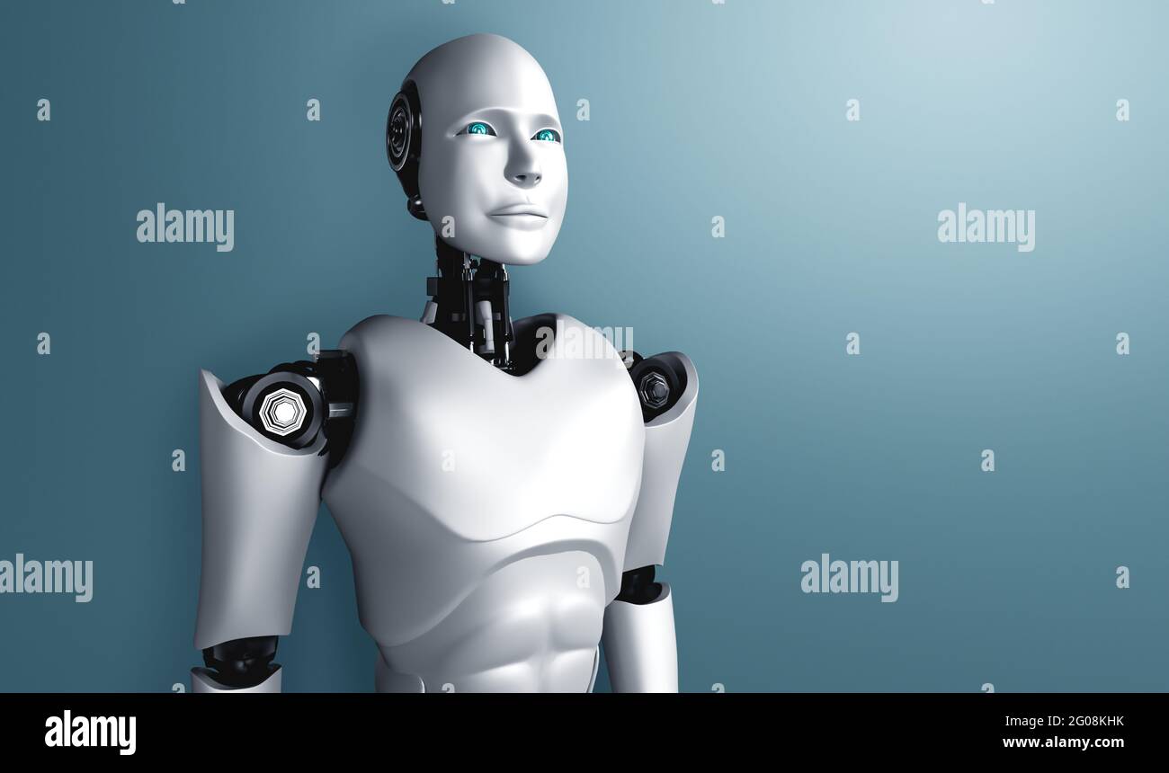 Standing humanoid robot looking forward on clean background 3D ...