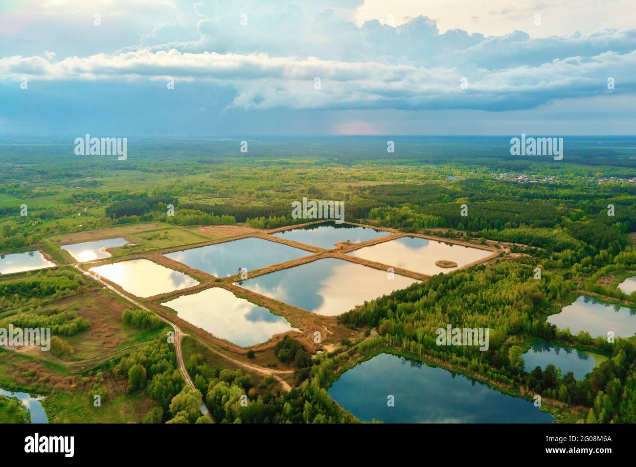 Aerial view of ponds for collect stormwater. Rainwater retention basins ...