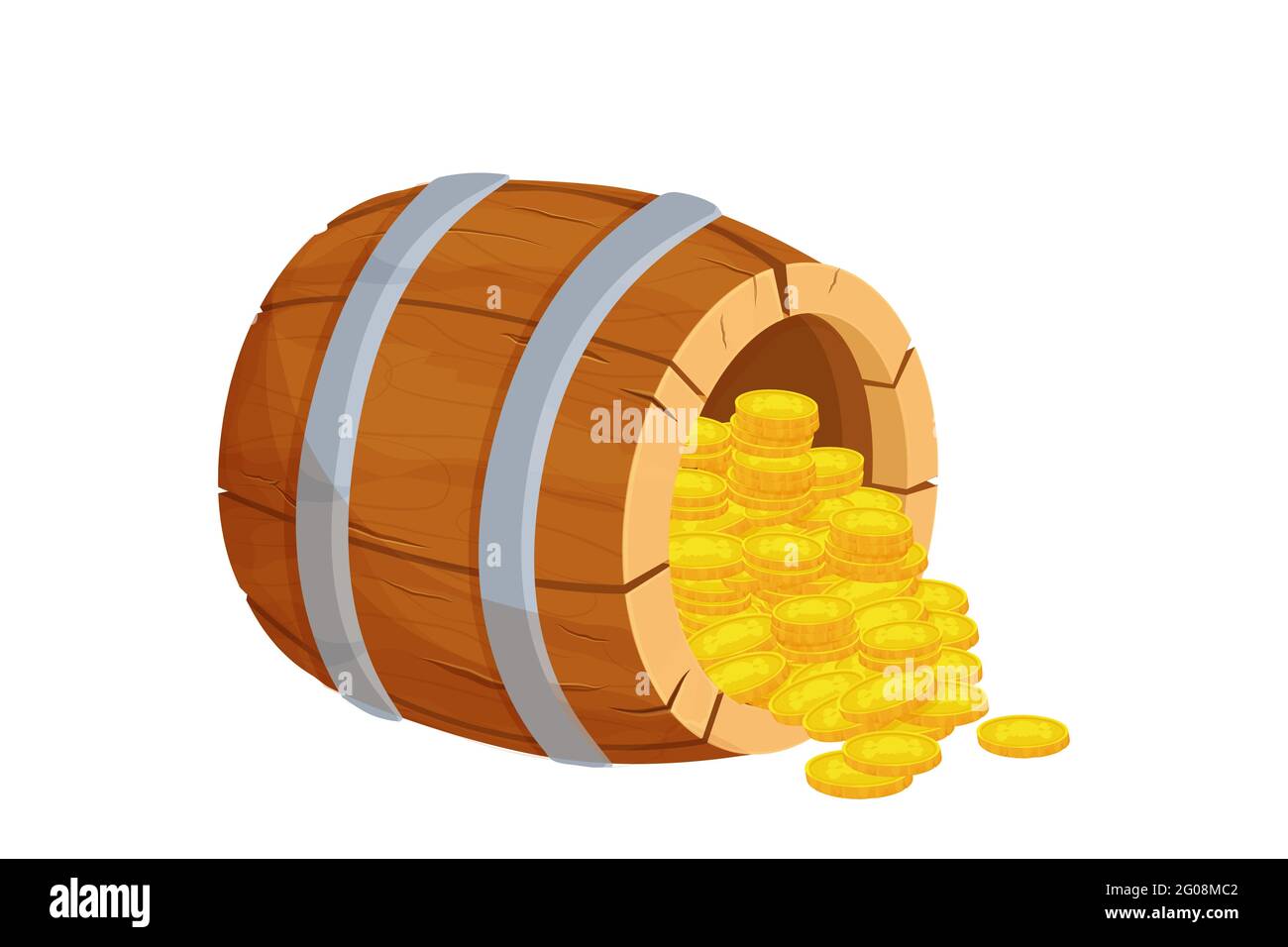 Wooden barrel with treasure gold coins in cartoon style isolated on ...