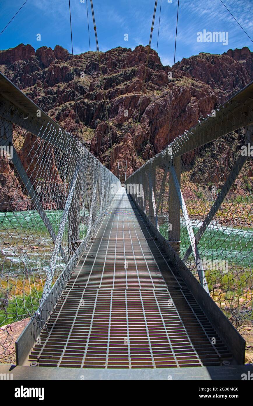 Famous Silver bridge on bright angel trail crossing the colorado river ...