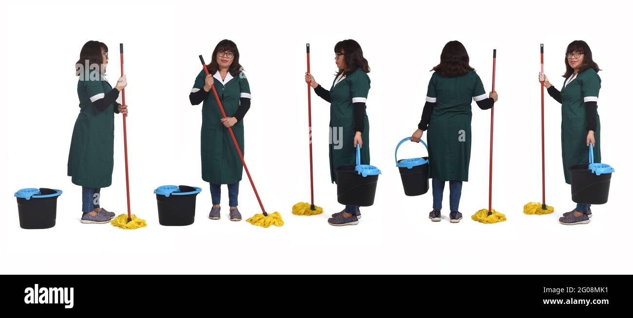 various poses of the same woman with mop and bucket on white background ...