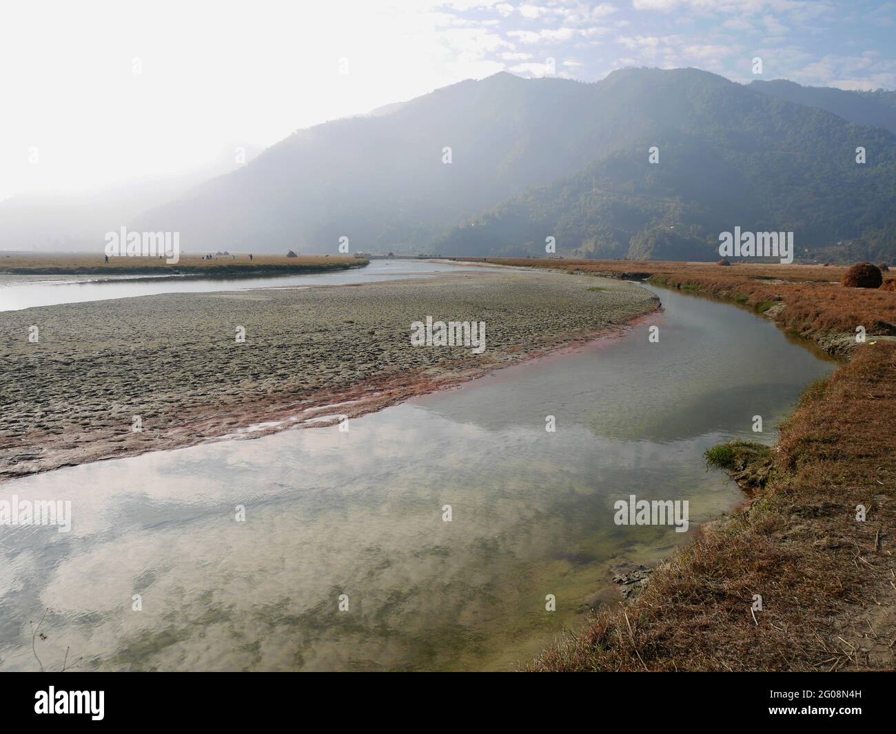 View landscape Phewa Tal or Fewa Freshwater Lake river and irrigation ...
