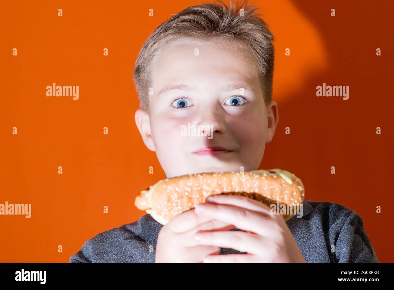 To eat or not to eat trash food.Young confused kid,boy holding hot dog ...