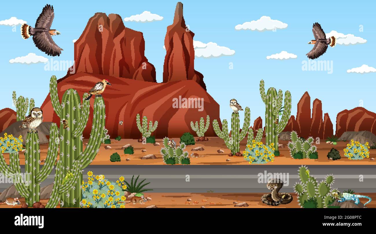 Desert forest landscape at daytime scene with desert animals and plants ...