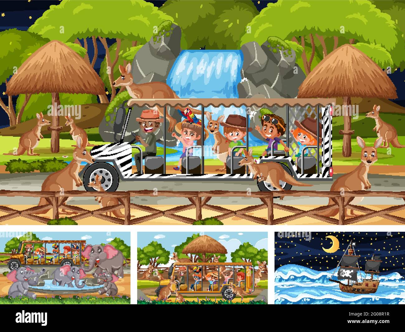 Set of different scenes with pirate ship at the sea and animals in the ...