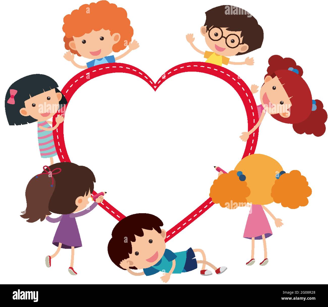 Empty heart shape banner with many kids cartoon character illustration ...