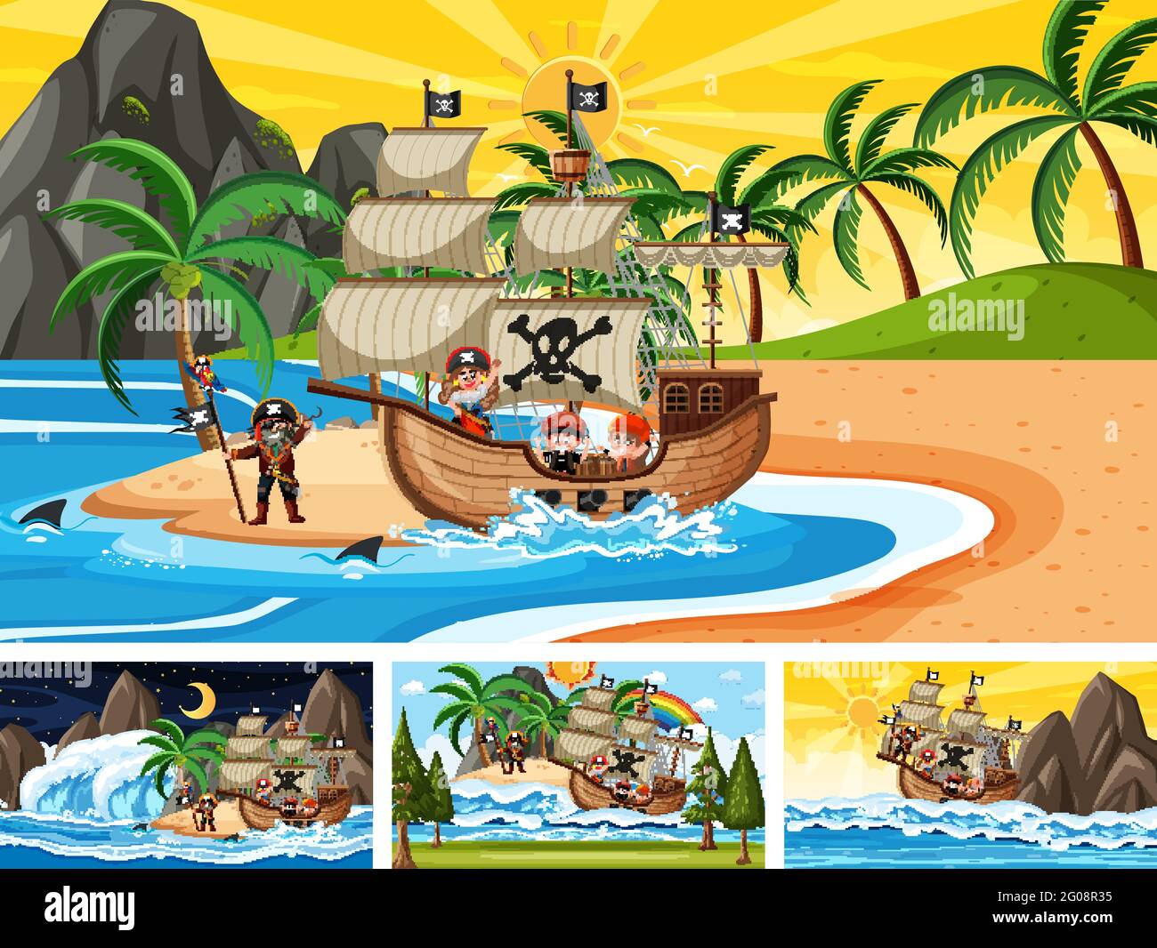 Set of different beach scenes with pirate ship and pirate cartoon ...
