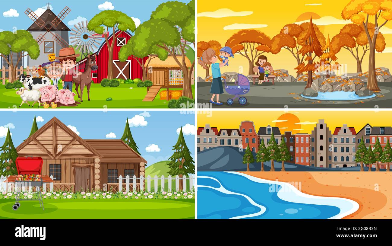 Set of different nature scenes cartoon style illustration Stock Vector ...