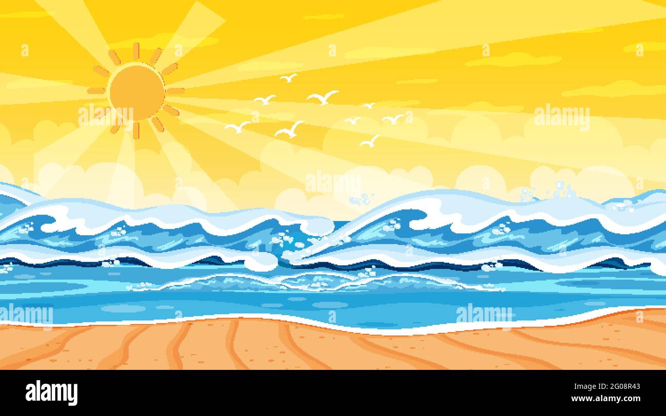 Beach landscape at sunset scene with ocean wave illustration Stock ...