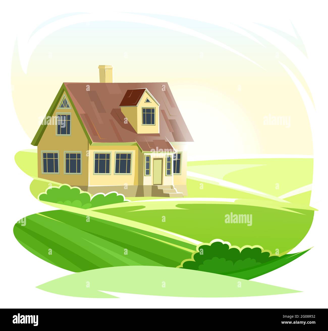Rural house. Half-turned. In a fun cartoon flat style. Isolated on ...