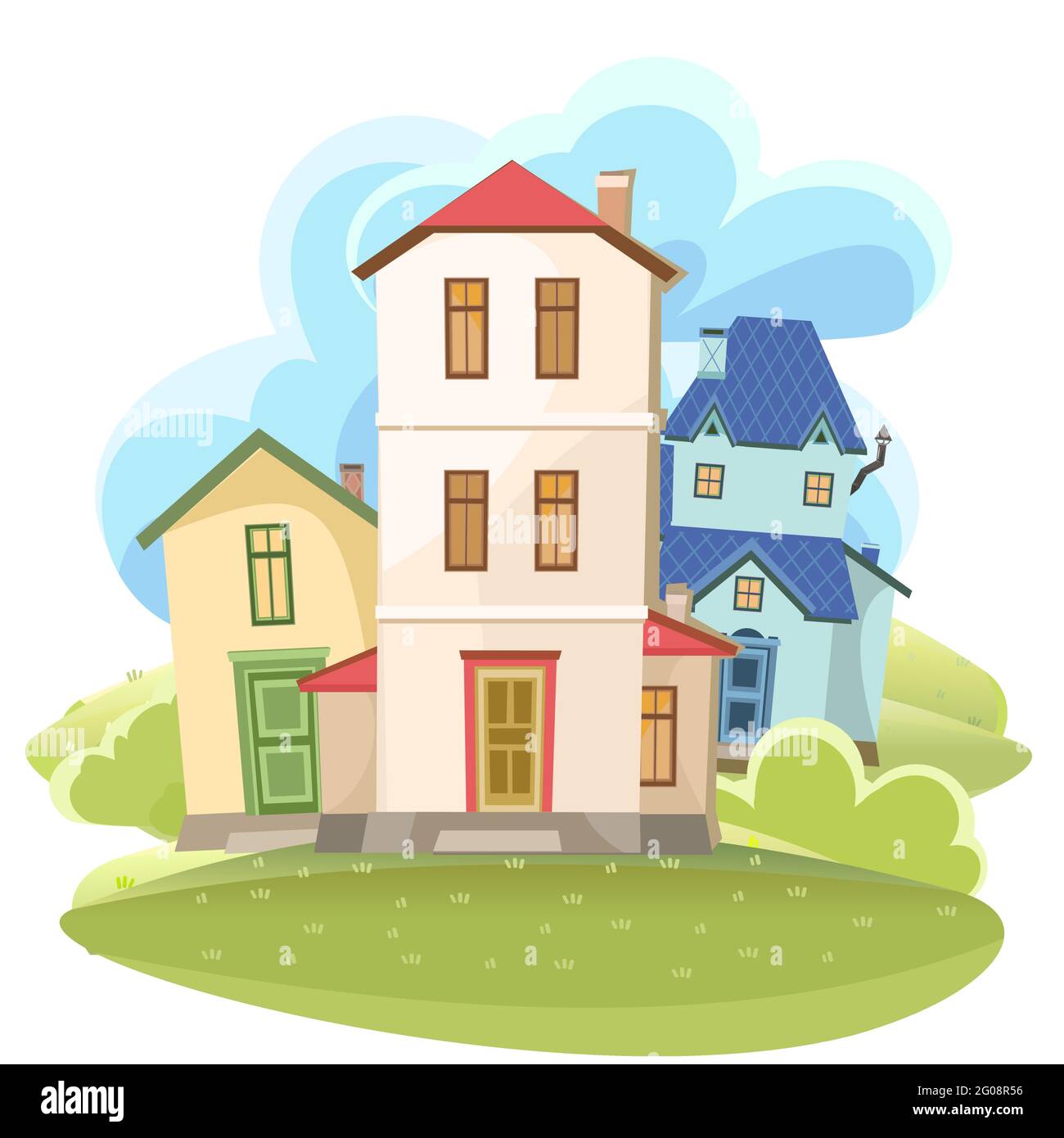 Cartoon house in the meadow. Suburb. Cozy rustic dwelling in a ...